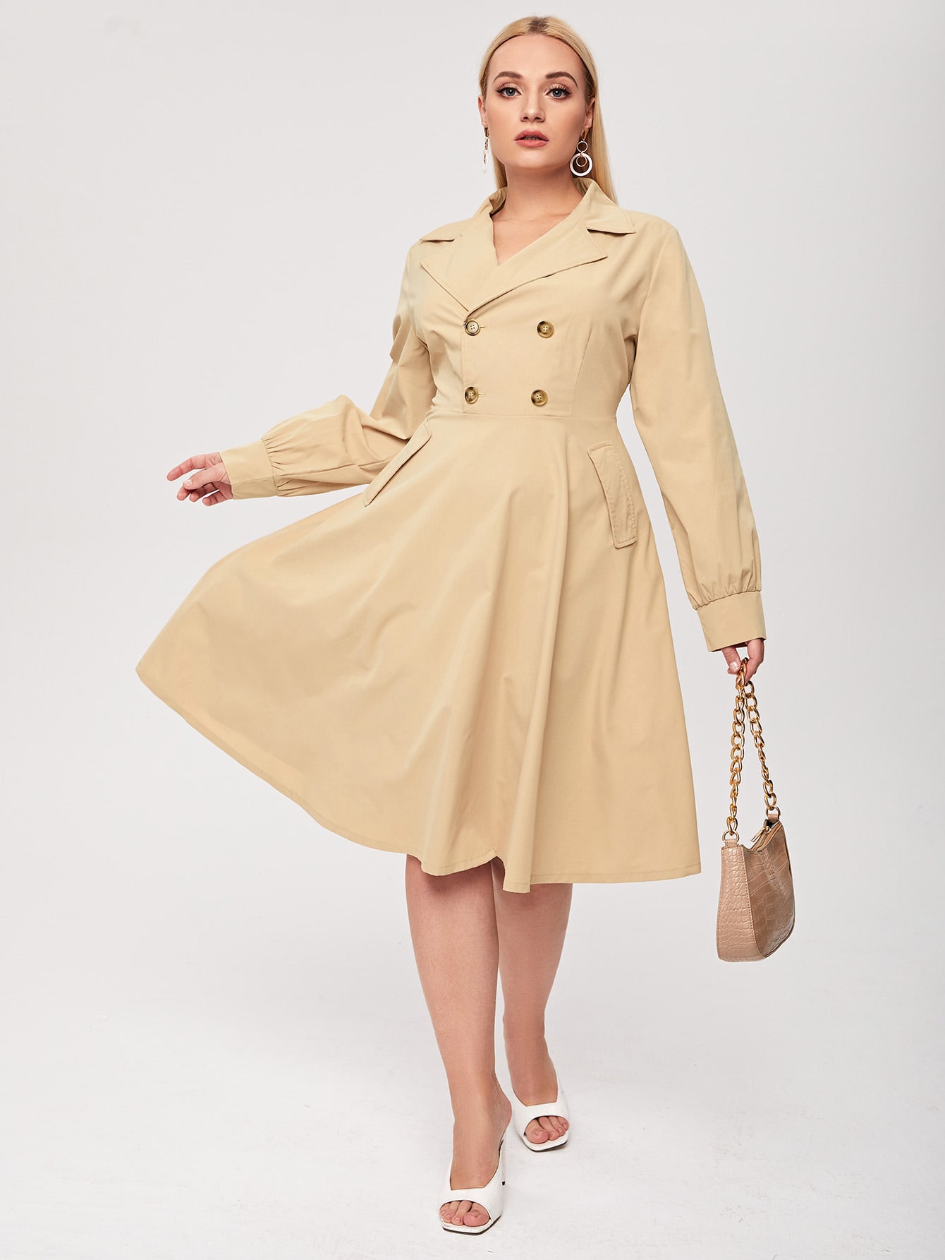 Plus Lapel Neck Double Button Shirt Dress