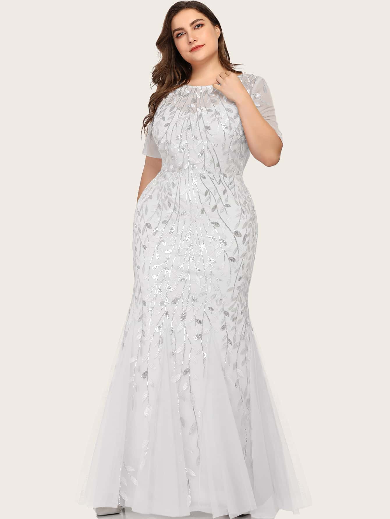 Plus Sequin Plants Detail Mesh Prom Dress