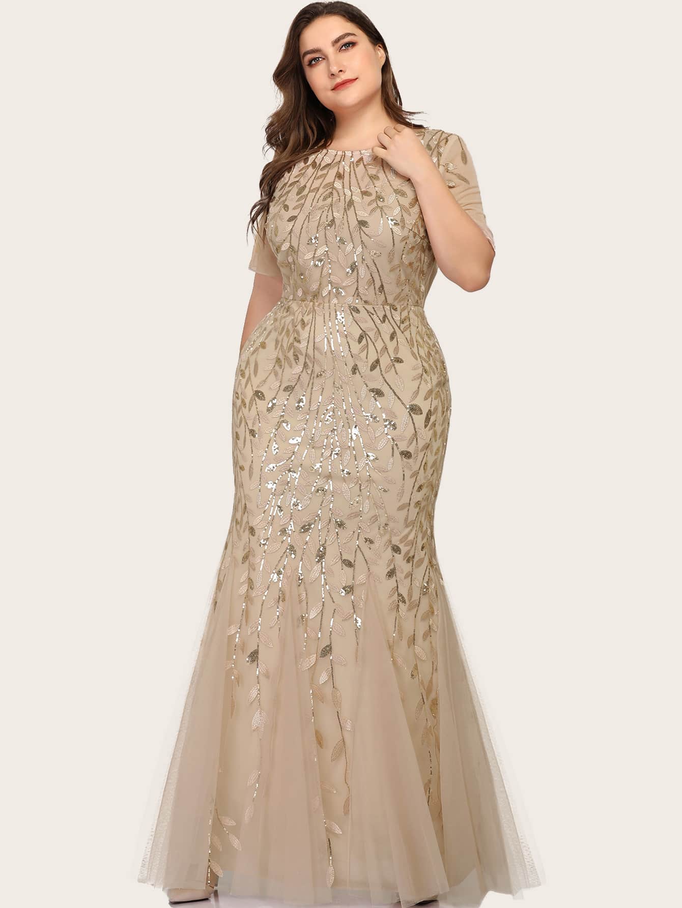 Plus Sequin Plants Detail Mesh Prom Dress