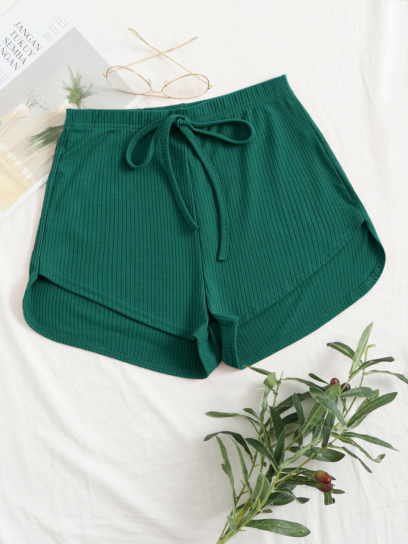 Plus Ribbed Drawstring Waist Shorts