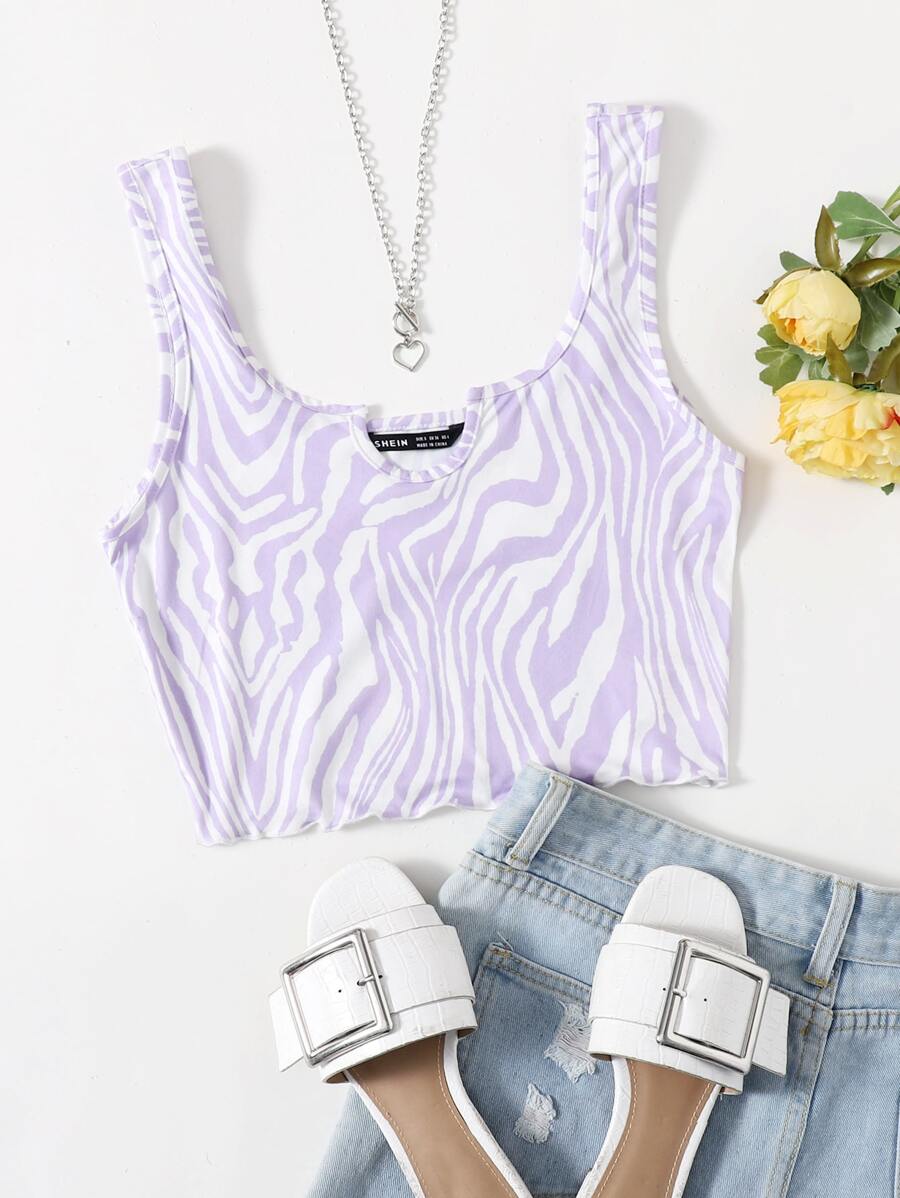 SHEIN EZwear Notched Neck Lettuce Trim Zebra Striped Tank Top | SHEIN USA