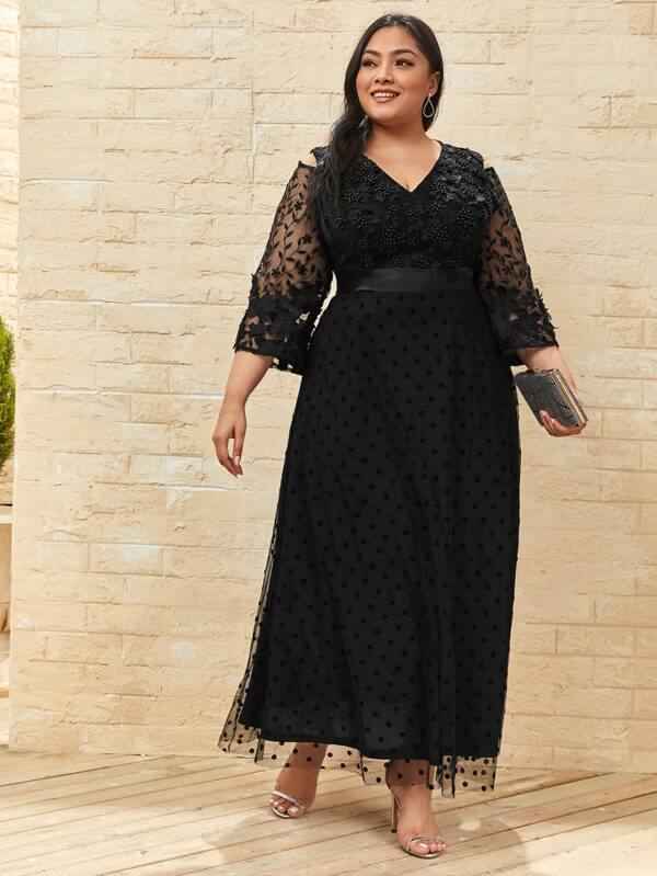 Plus Applique Beaded Contrast Mesh Dress | SHEIN USA