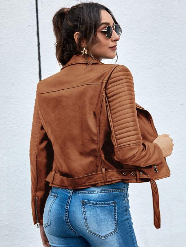 SHEIN Essnce Lapel Collar Belted Zip Up PU Biker Jacket for Sale Australia| New Collection ...