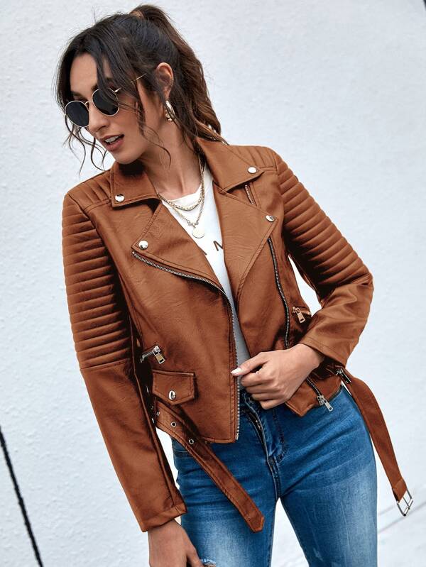 SHEIN Essnce Lapel Collar Belted Zip Up PU Biker Jacket for Sale Australia| New Collection ...