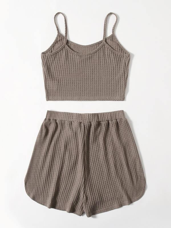 Shein Ezwear Waffle Knit Crop Cami Top And Knot Waist Shorts Set Shein Usa