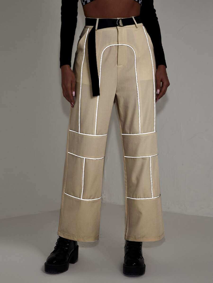 Reflective Contrast Binding Belted Wide Leg Pants | SHEIN USA