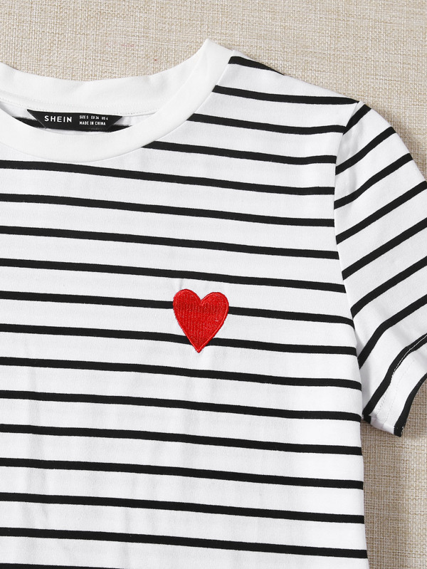 Shein Ezwear Heart Embroidery Striped Tee Shein Usa