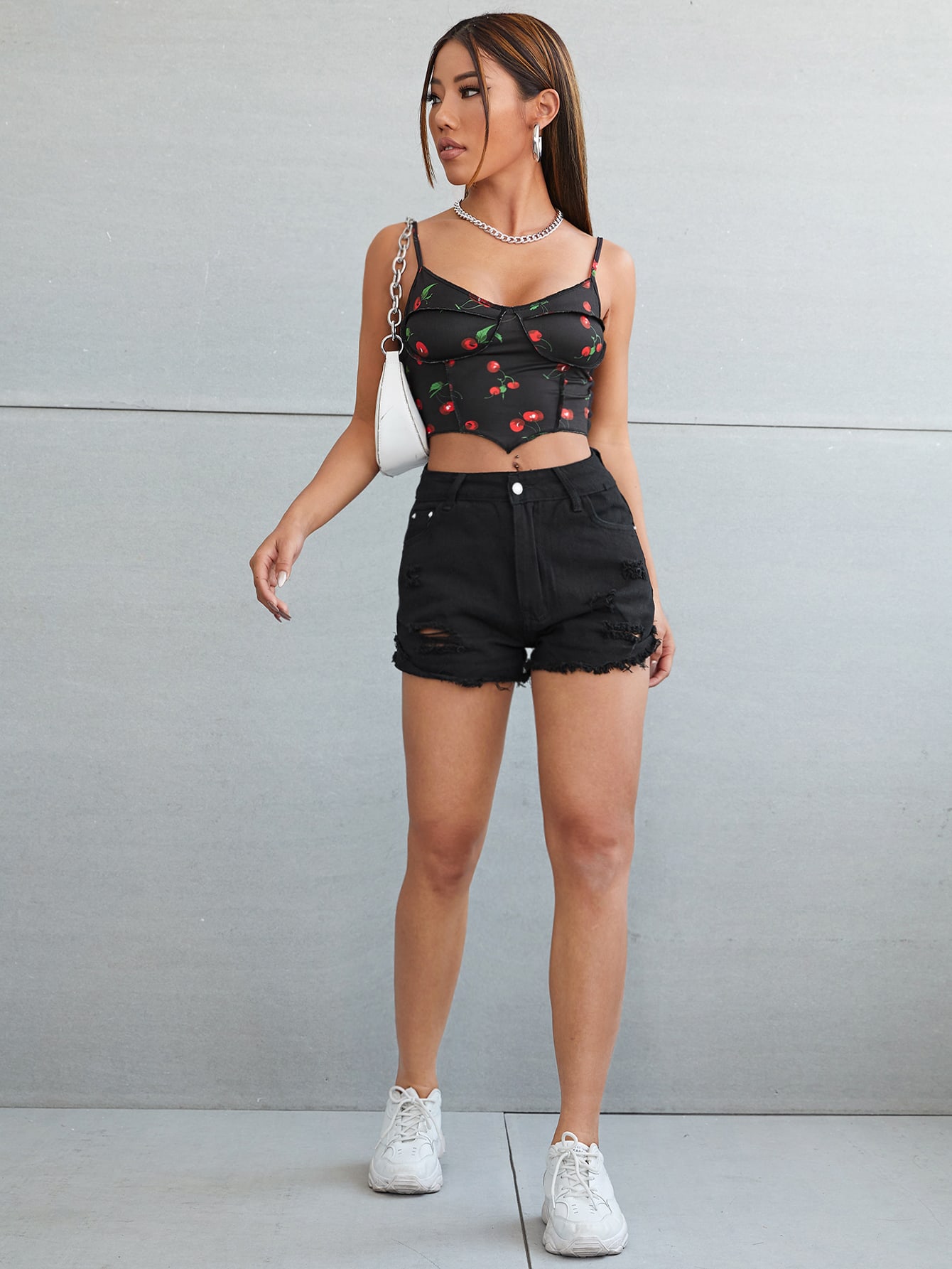 SHEIN Qutie Seam Front Asymmetrical Hem Cherry Print Cami Top | SHEIN USA