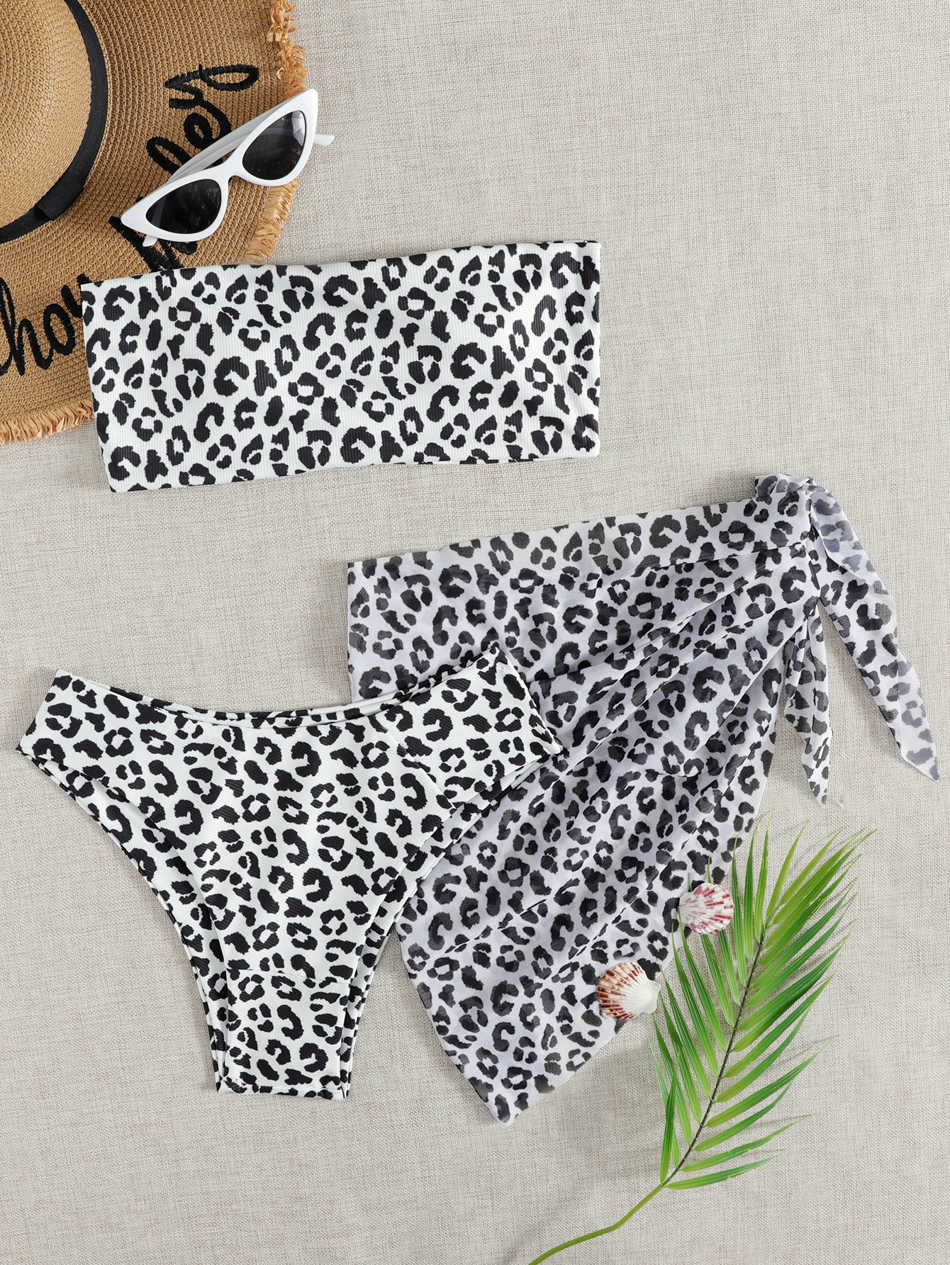 3pack Leopard Bandeau Bikini Swimsuit & Cover Up