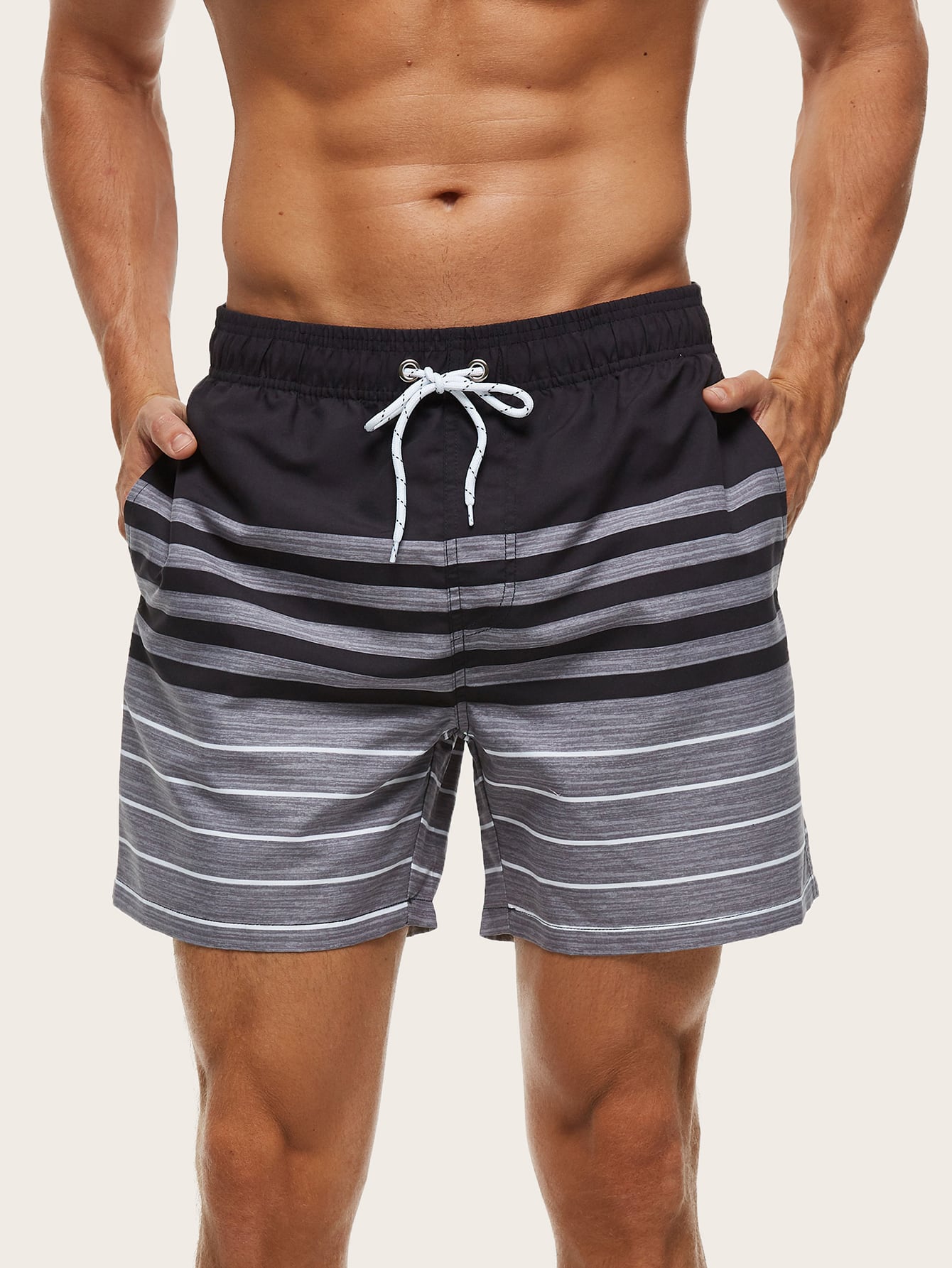 Men Striped Drawstring Waist Swim Trunks