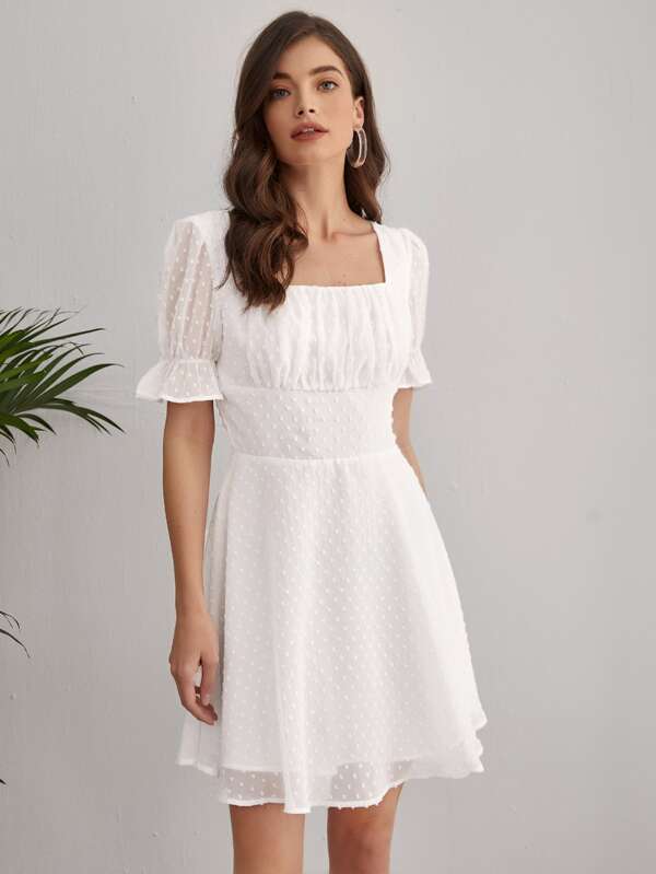 SHEIN Puff Sleeve Swiss Dot Dress | SHEIN USA