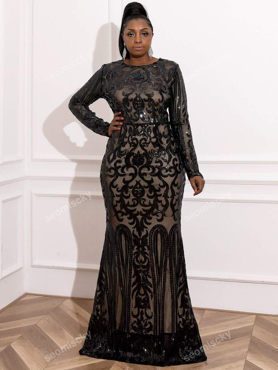 seomiscky Plus Mermaid Hem Sequin Prom Dress Black Elegant Long Sleeve Formal Evening Wedding ...