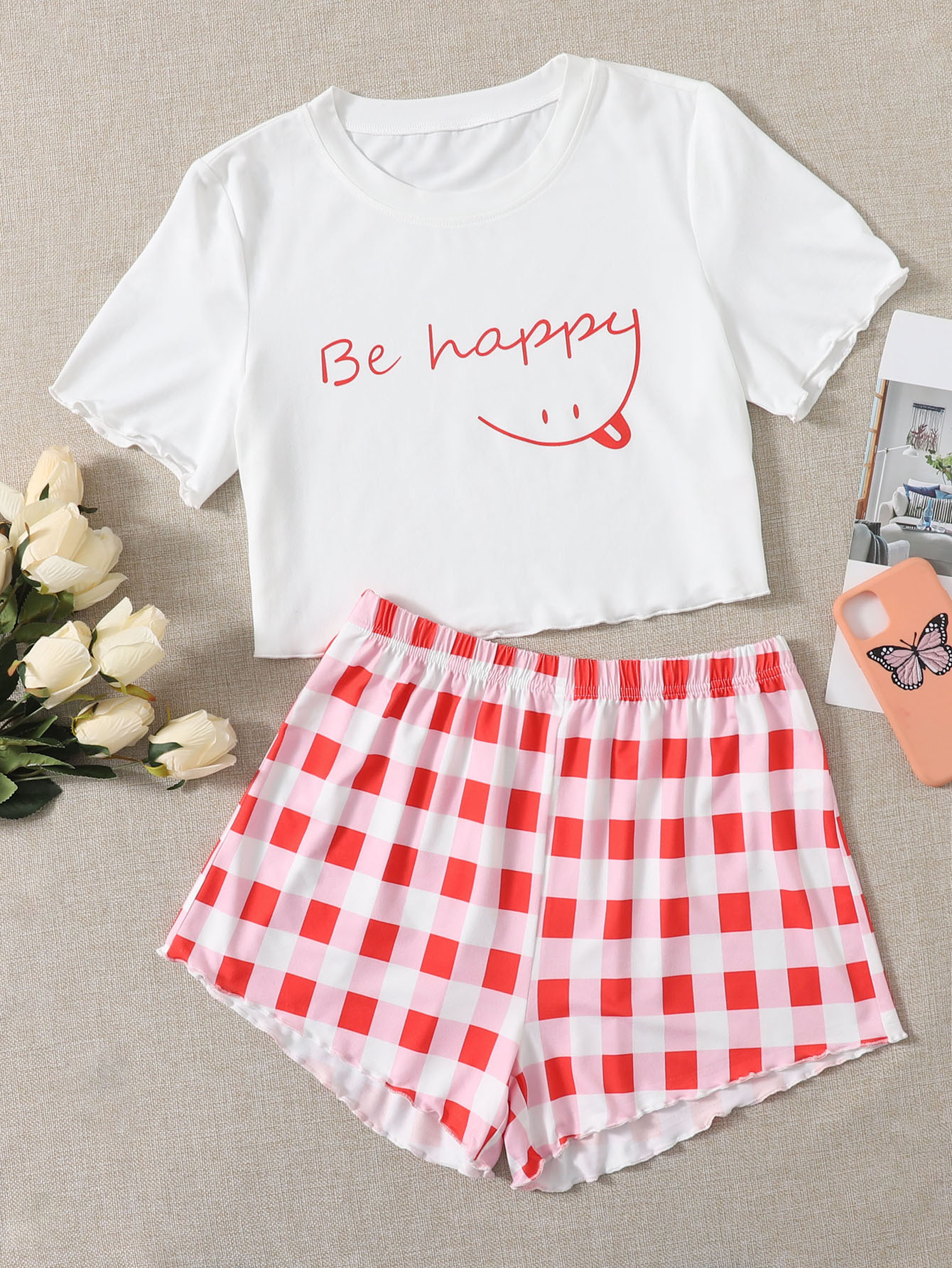 Slogan & Gingham Graphic PJ Set