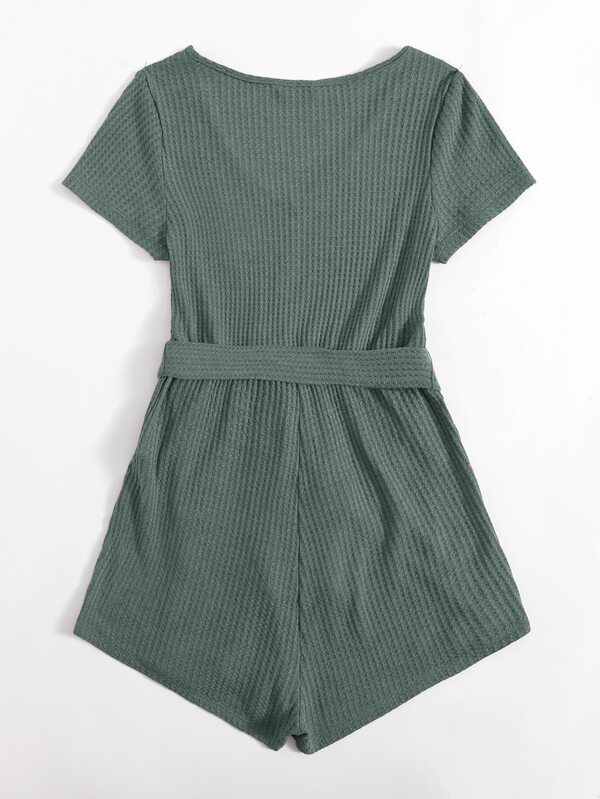 SHEIN LUNE V-neck Self Belted Waffle Knit Romper | SHEIN UK