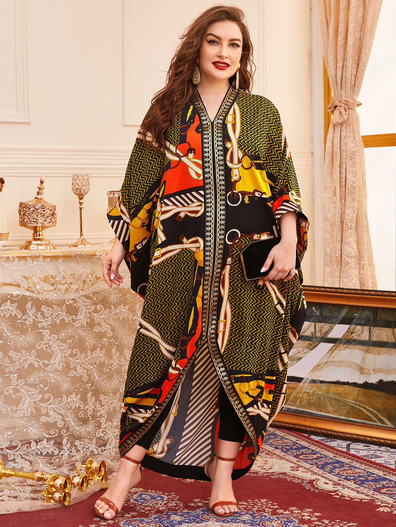 SHEIN Modely Plus Chevron And Chain Print Kaftan Dress | SHEIN USA