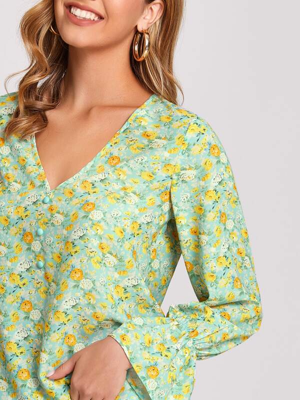 SHEIN Allover Floral Print Bell Sleeve Top | SHEIN USA