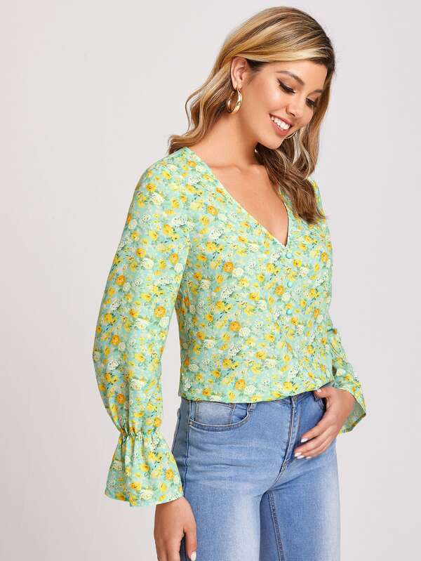 SHEIN Allover Floral Print Bell Sleeve Top | SHEIN USA