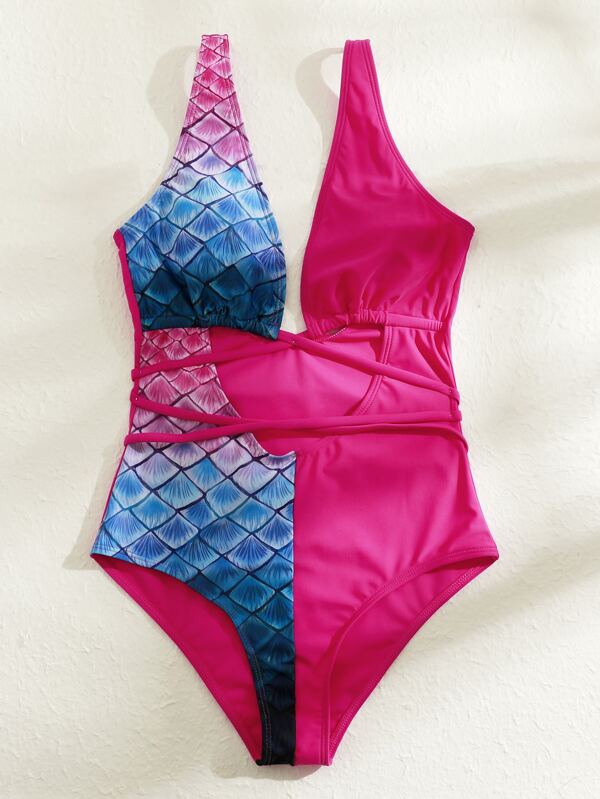 Fish Scale Print Cut-out One Piece Swimsuit | SHEIN UK
