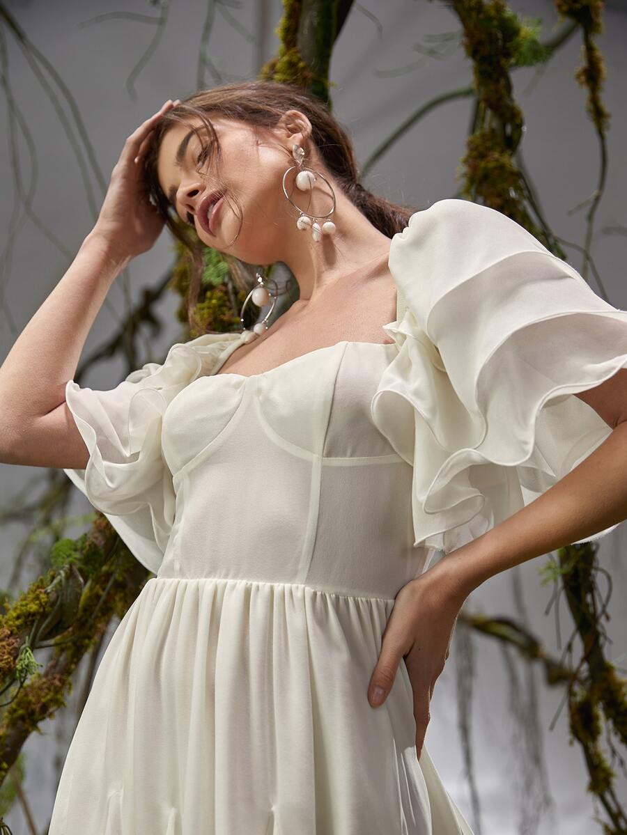 SHEIN Layered Sleeve Godet Hem Bustier Dress | SHEIN USA