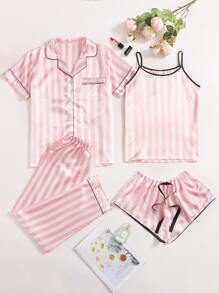 4pcs Striped Satin Pajama Set | SHEIN EUR