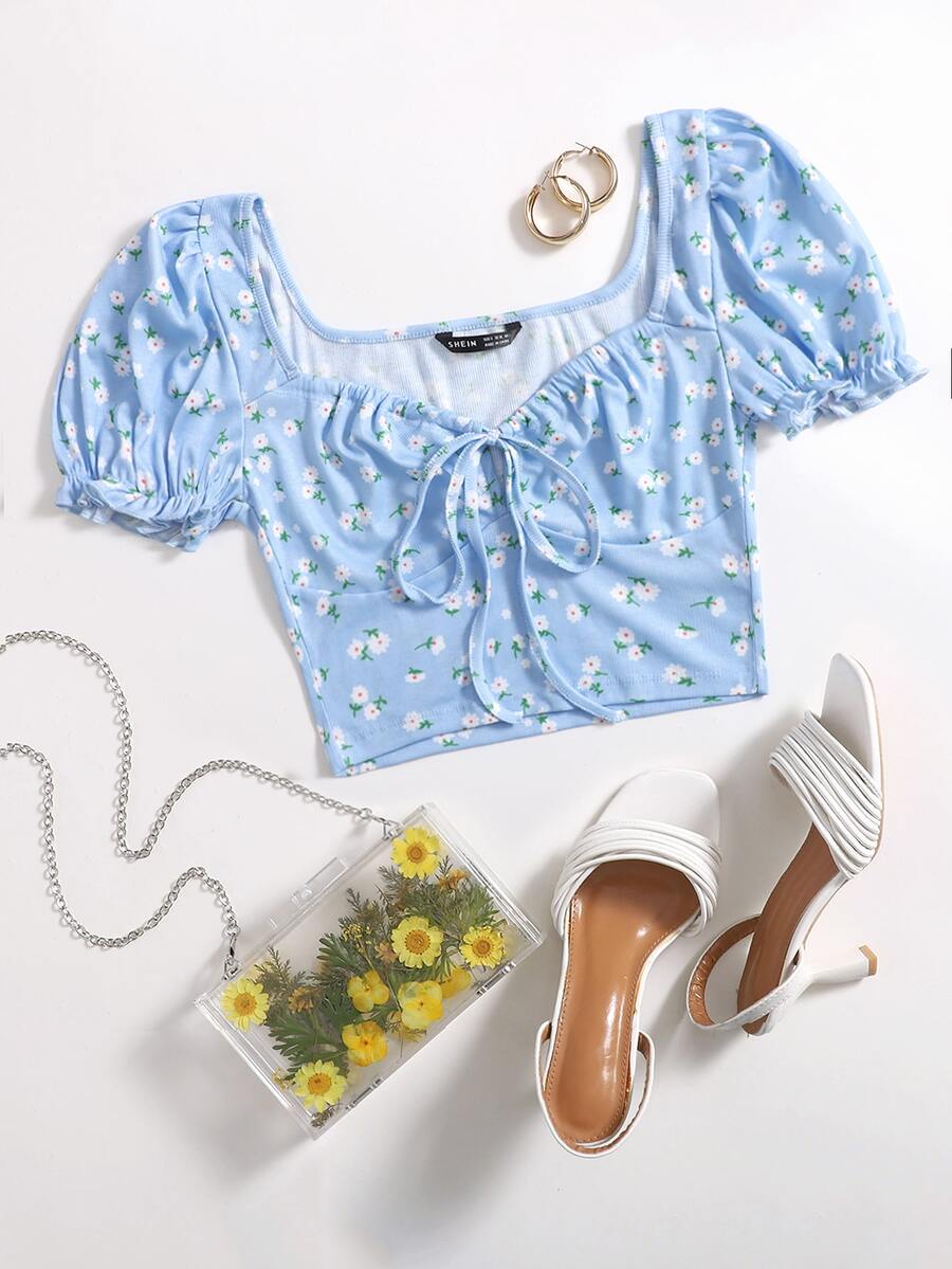 SHEIN WYWH Puff Sleeve Tie Front Ditsy Floral Top | SHEIN UK