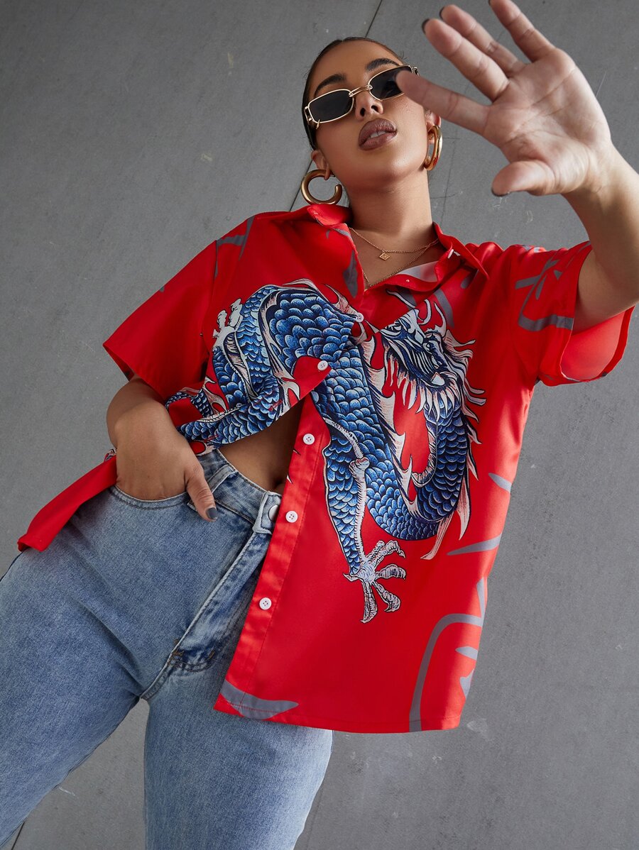 Chinese Dragon Print Button Up Shirt | SHEIN USA