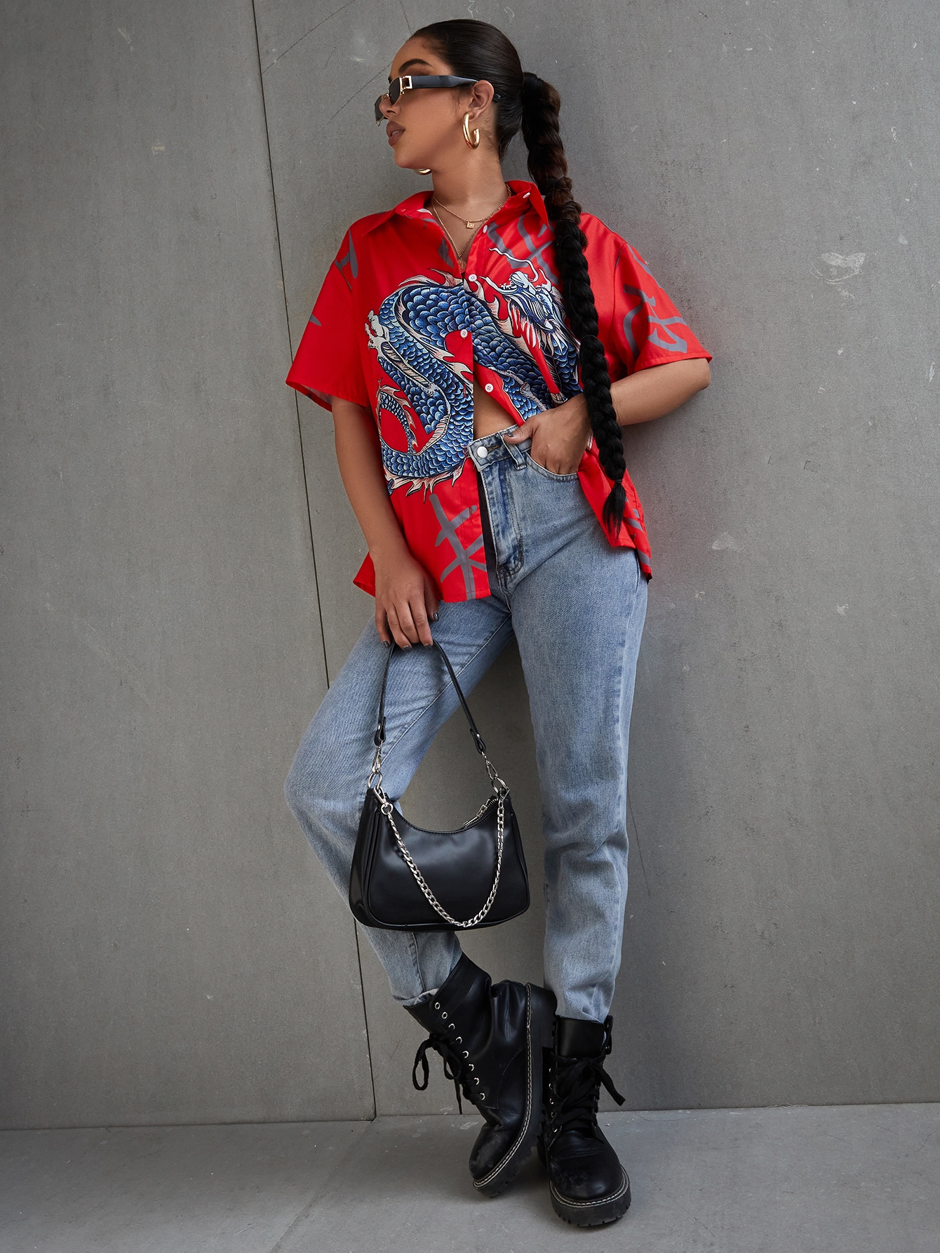 Chinese Dragon Print Button Up Shirt | SHEIN USA