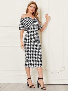 SHEIN Modely Flounce Sleeve Off Shoulder Houndstooth Bodycon Dress | SHEIN USA