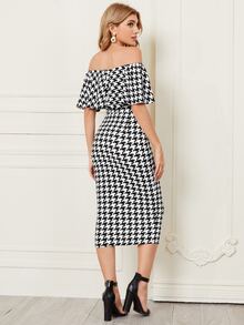 SHEIN Modely Flounce Sleeve Off Shoulder Houndstooth Bodycon Dress | SHEIN USA