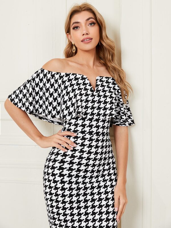 SHEIN Modely Flounce Sleeve Off Shoulder Houndstooth Bodycon Dress | SHEIN USA