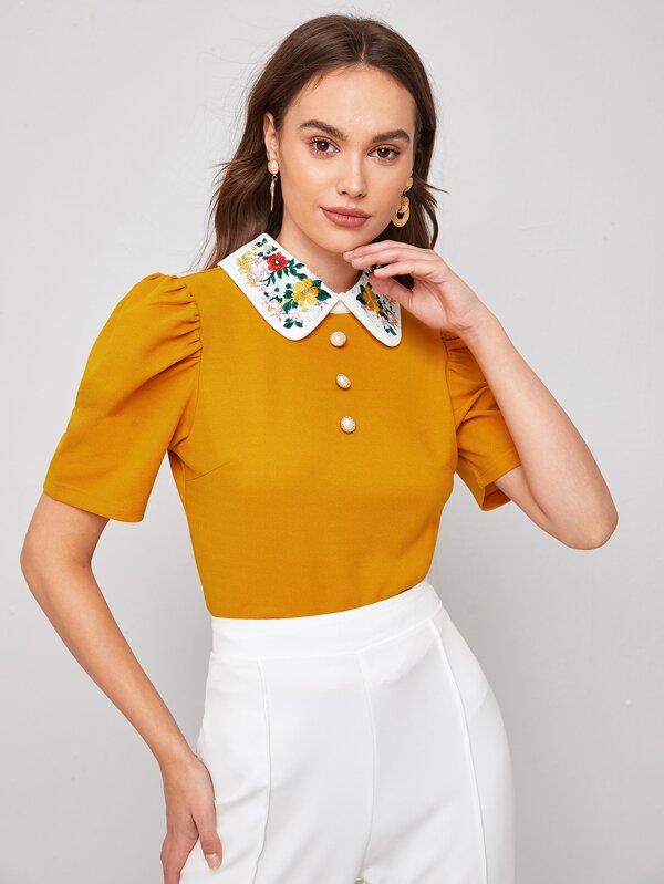 Shein Mulvari Contrast Floral Embroidered Collar Puff Sleeve Top
