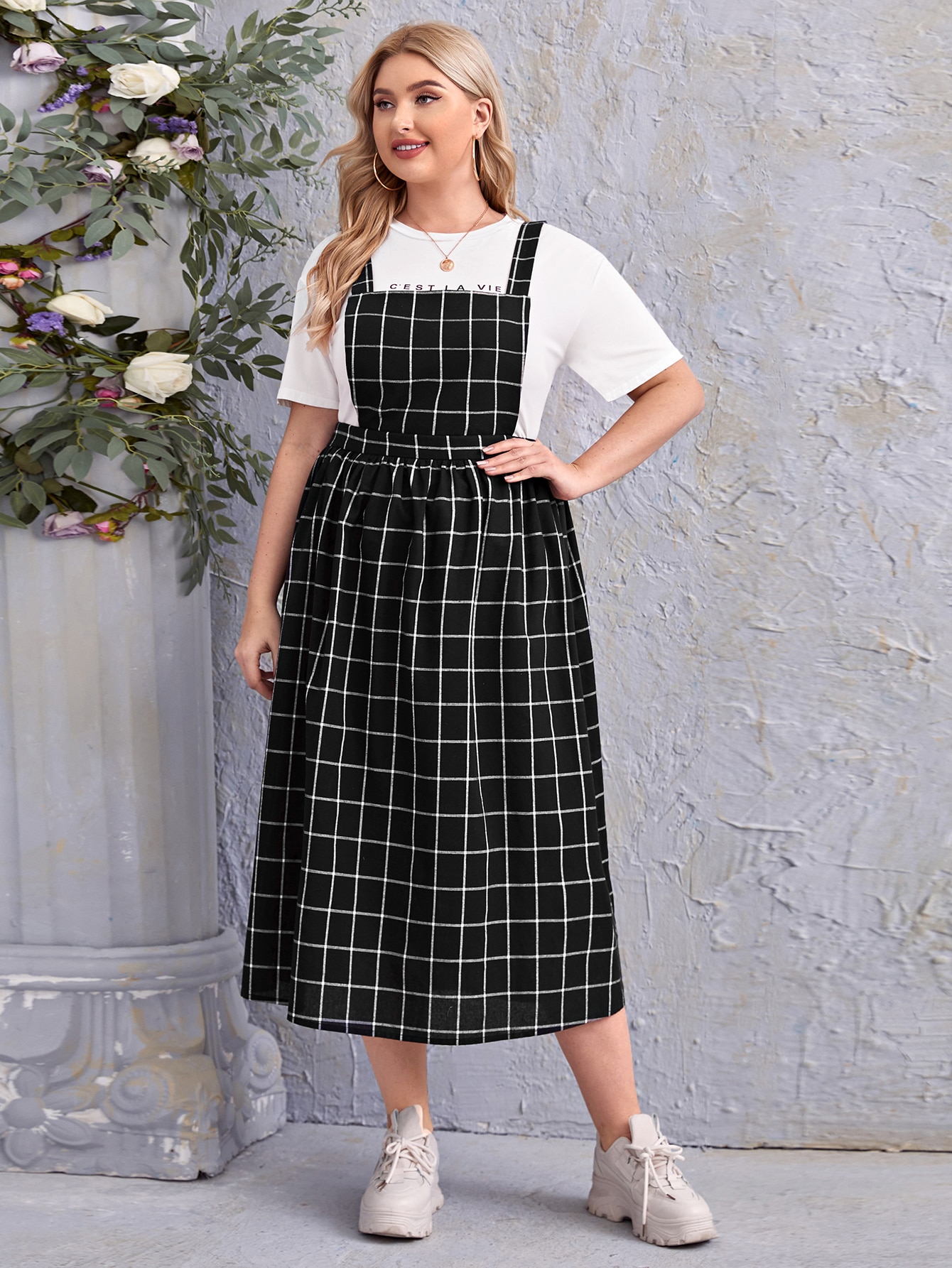 Plus Grid Print Overall Dress