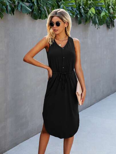 V-neck Drawstring Waist Curved Hem Dress | SHEIN USA