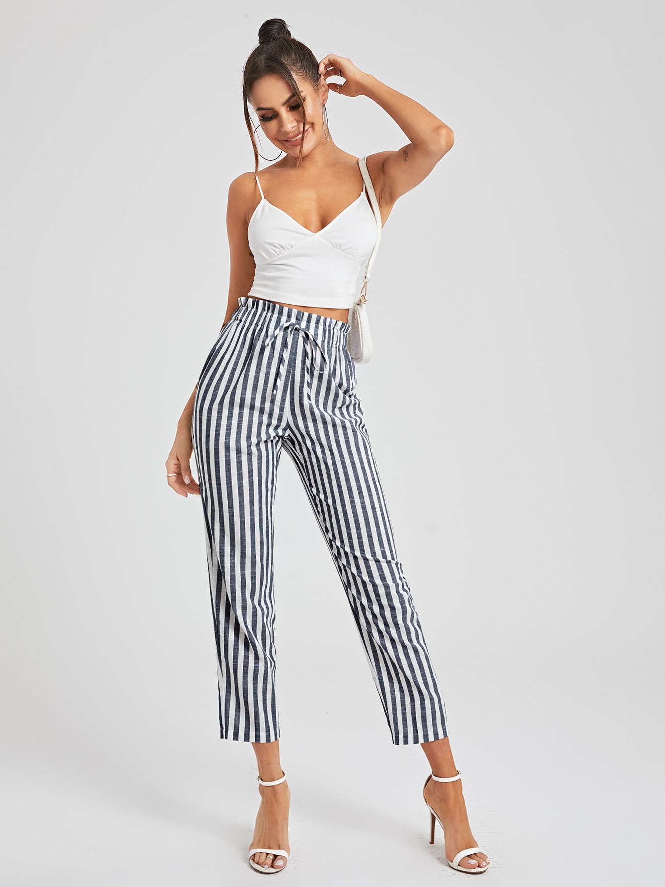 SHEIN BIZwear Paperbag Waist Tie Front Striped Cropped Trousers | SHEIN UK