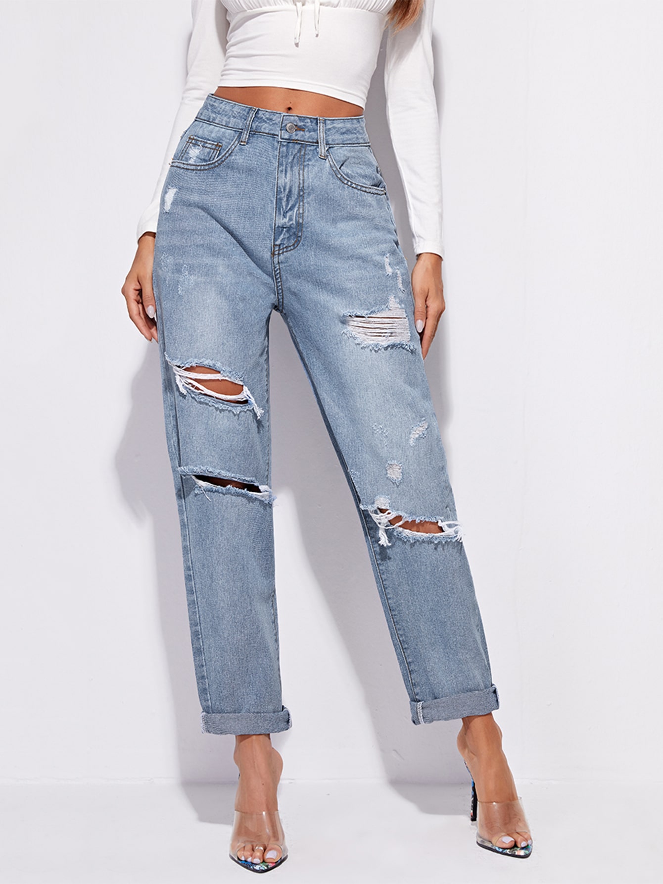 Ripped Cut Out Rolled Hem Jeans