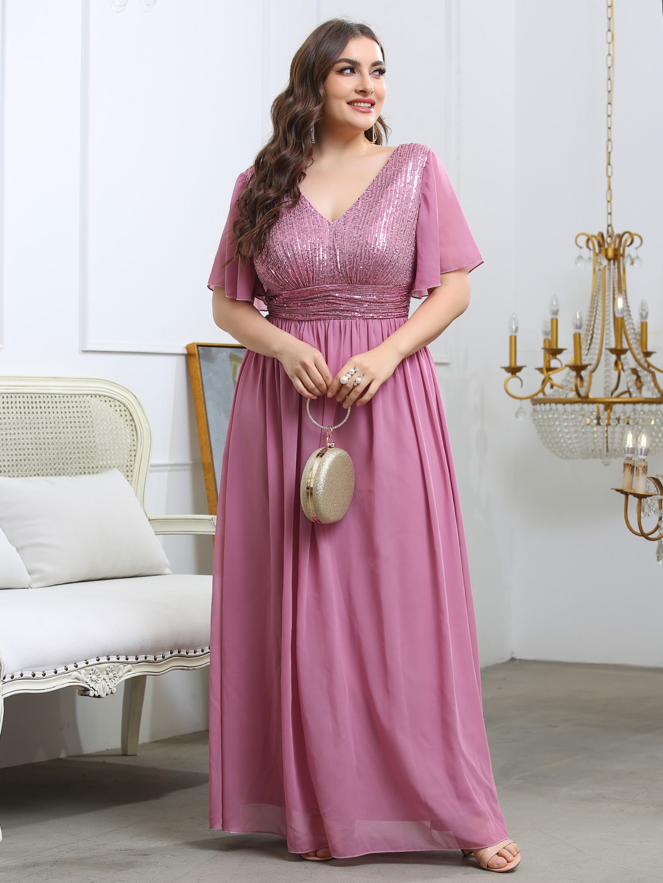 Vestido línea A de espalda V con lentejuelas en contraste