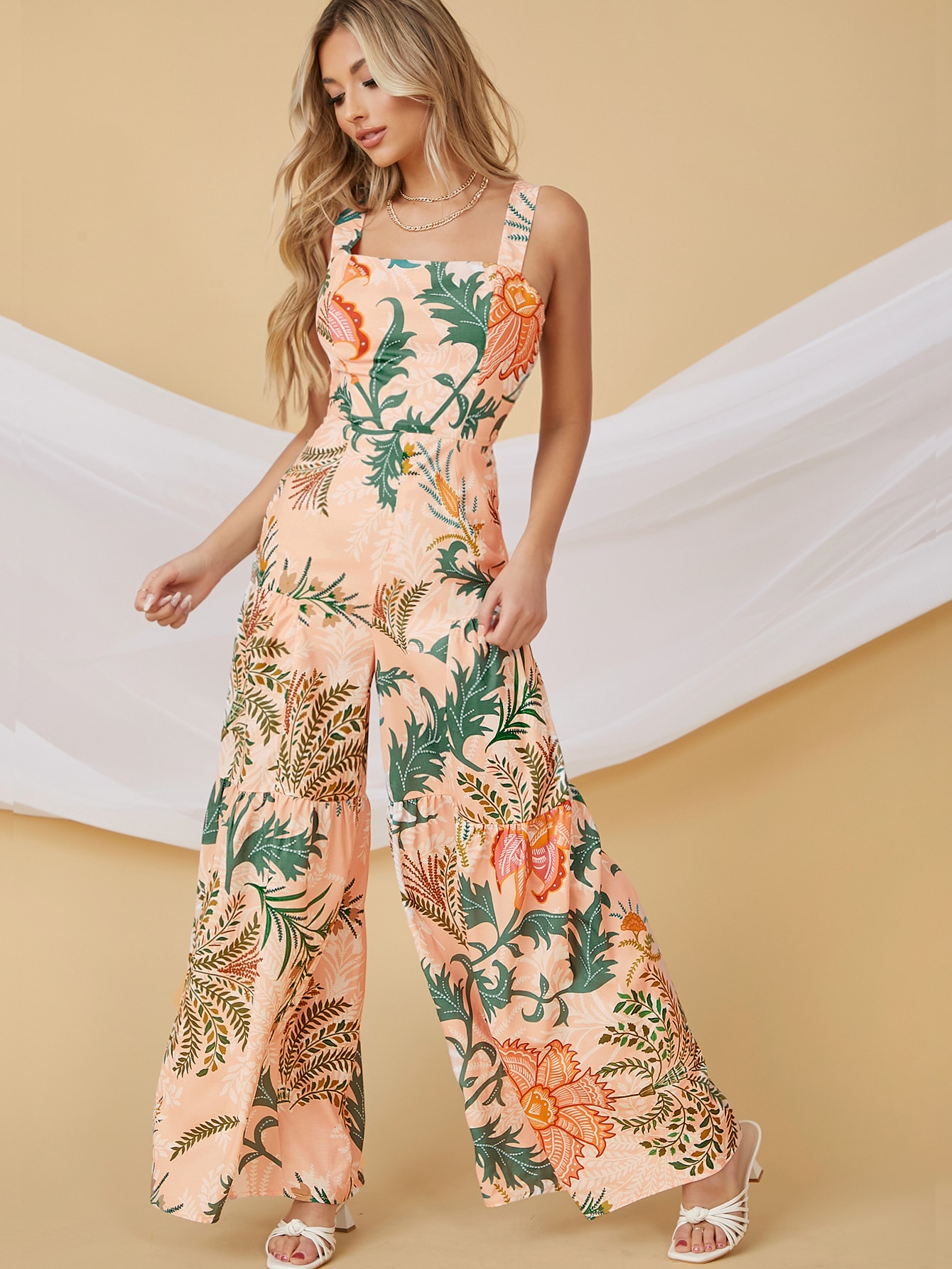 SHEIN Floral Print Tiered Ruffle Wide-Leg Jumpsuit | SHEIN USA