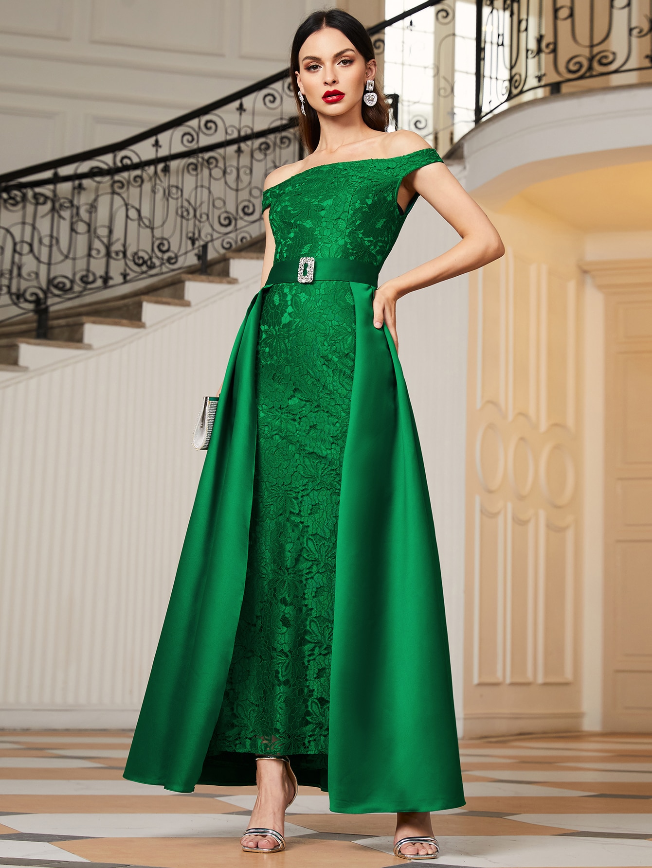 Off Shoulder Lace Detail Buckle Belted Dress