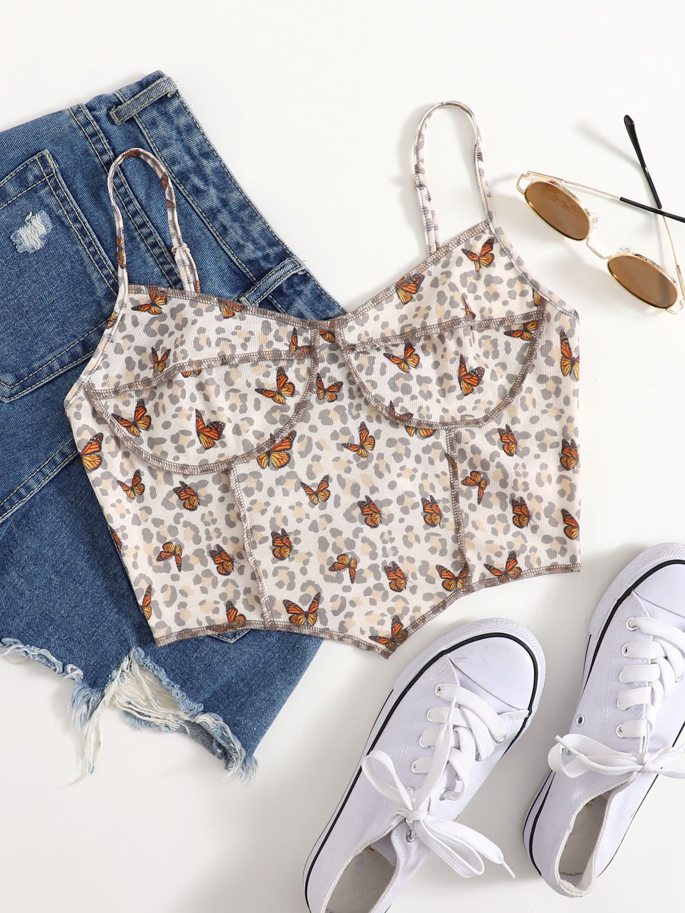 SHEIN Qutie Butterfly & Leopard Print Cami Top | SHEIN UK