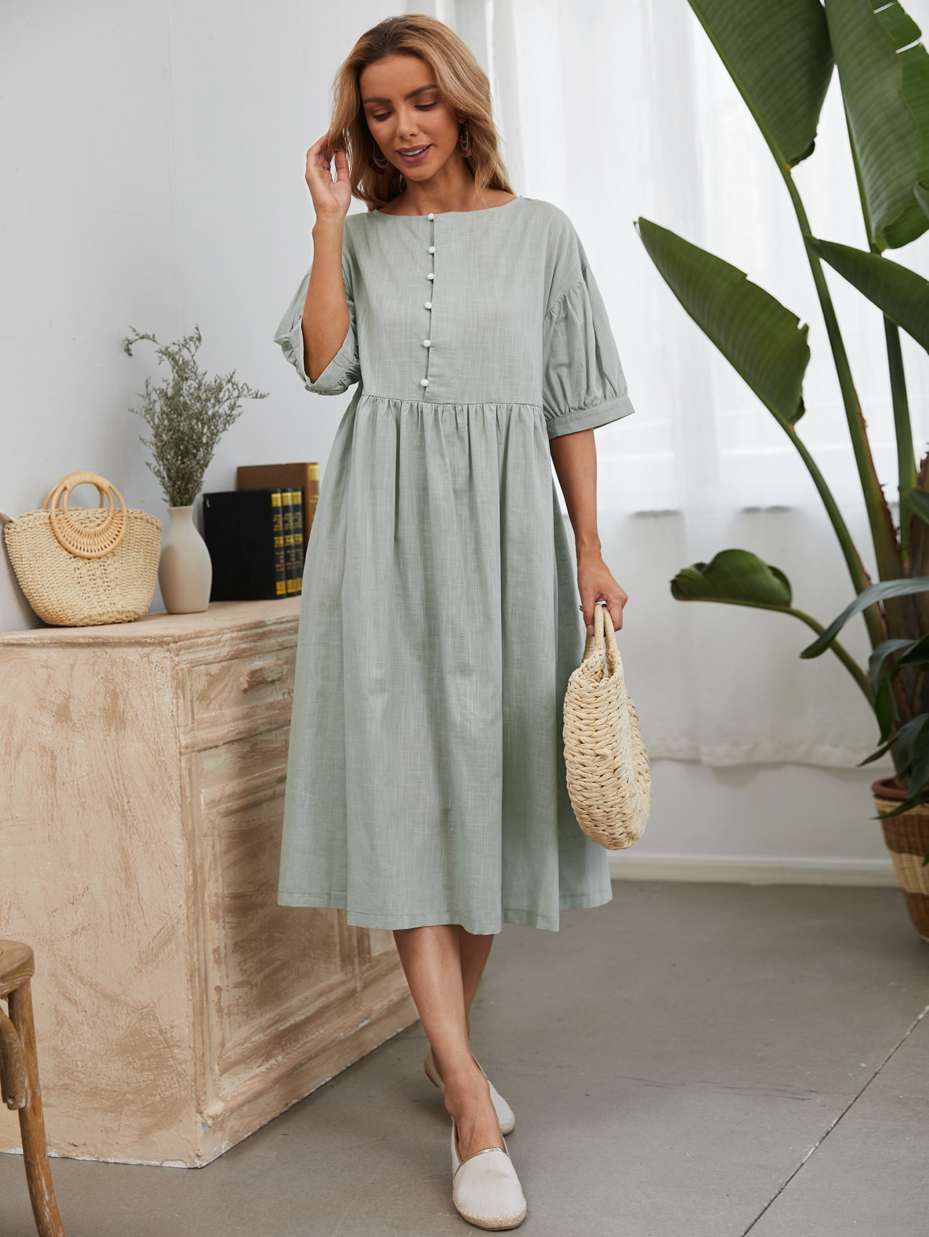 Button Front Drop Shoulder Smock Dress