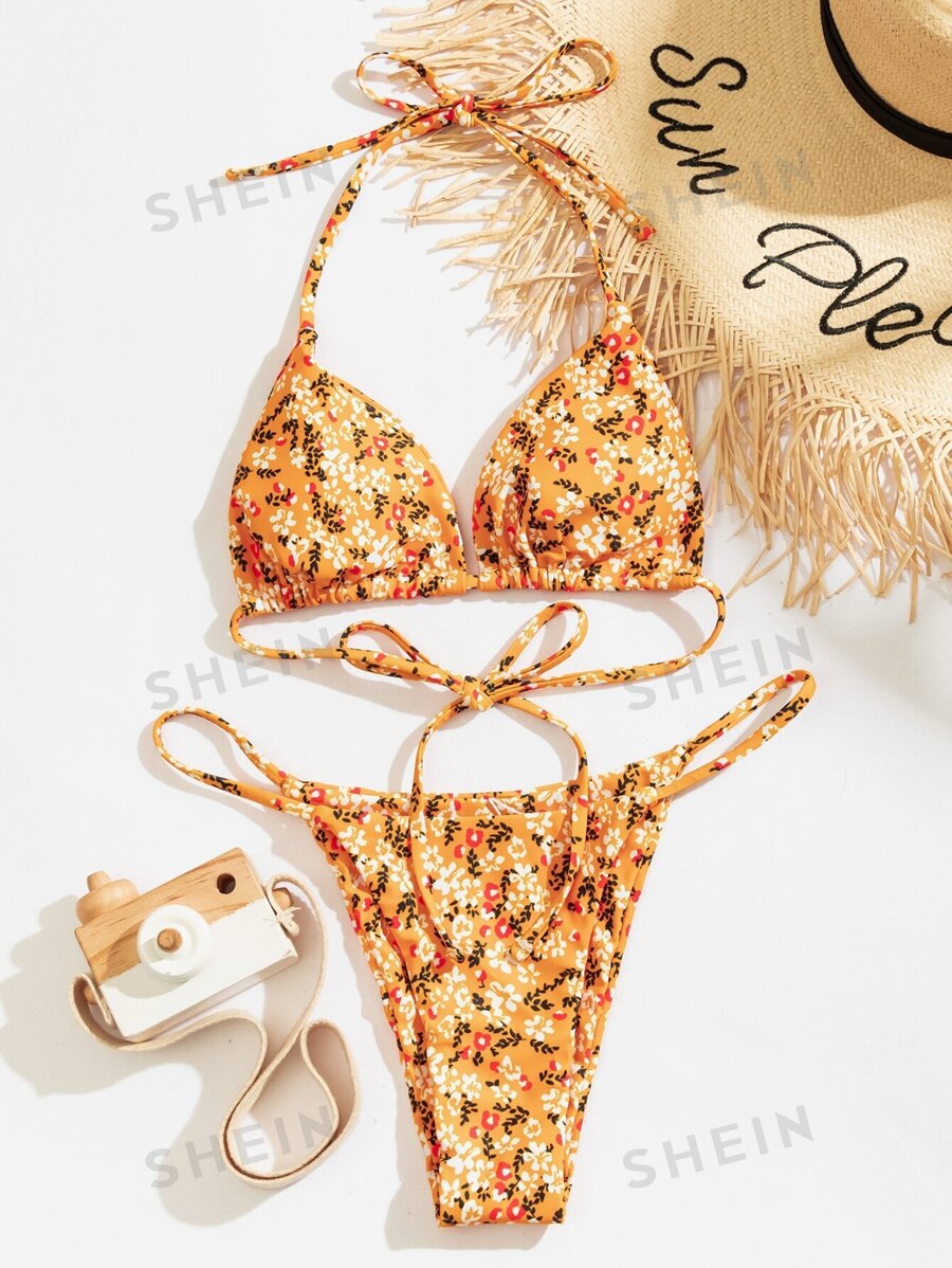 Shein Swim Summer Beach Ditsy Floral Halter Triangle Bra And Thong 2