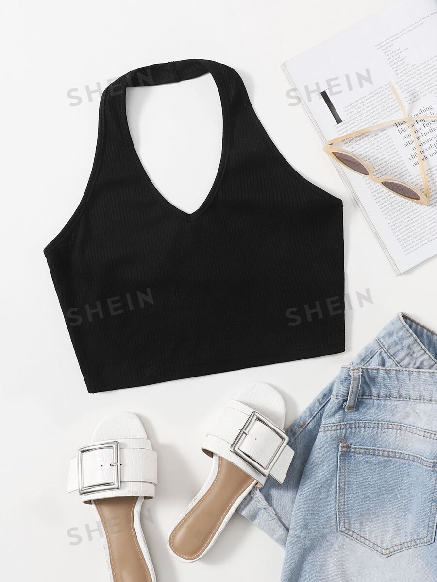SHEIN EZwear Rib-Knit Crop Halter Top | SHEIN USA