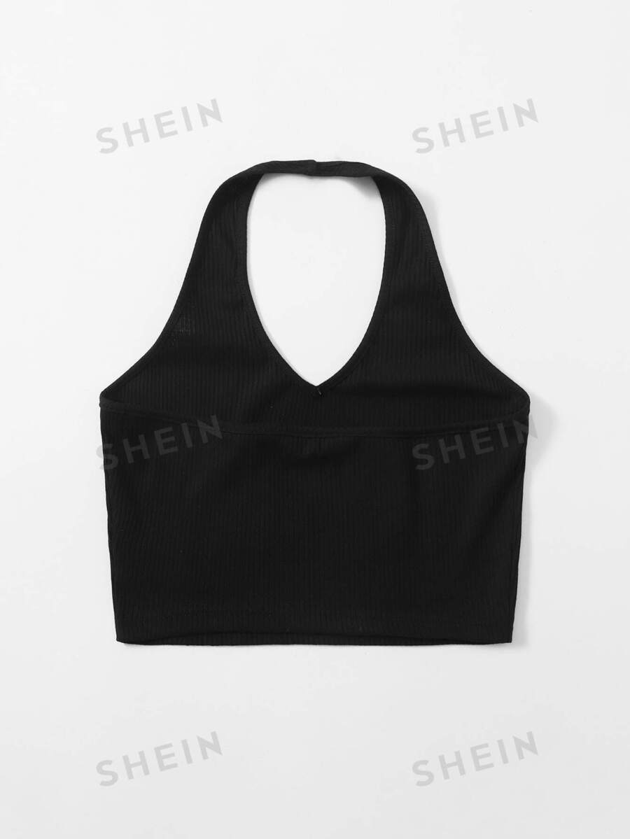 SHEIN EZwear Rib-Knit Crop Halter Top | SHEIN USA