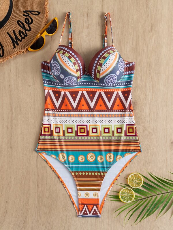 Geo Print Underwire One Piece Swimsuit | SHEIN USA