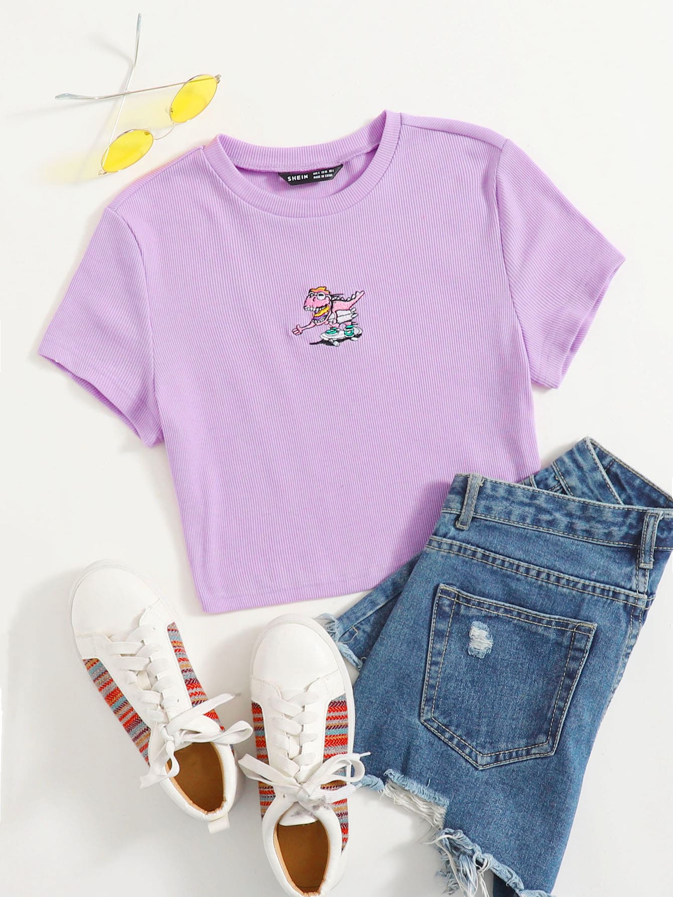 SHEIN Cartoon Embroidery Rib-knit Tee | SHEIN USA