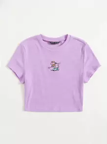 SHEIN Cartoon Embroidery Rib-knit Tee | SHEIN USA