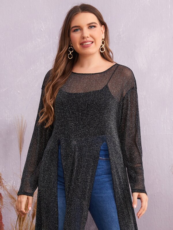 SHEIN Privé Plus Slit Hem Glitter Mesh Sheer Top Without Camisole ...
