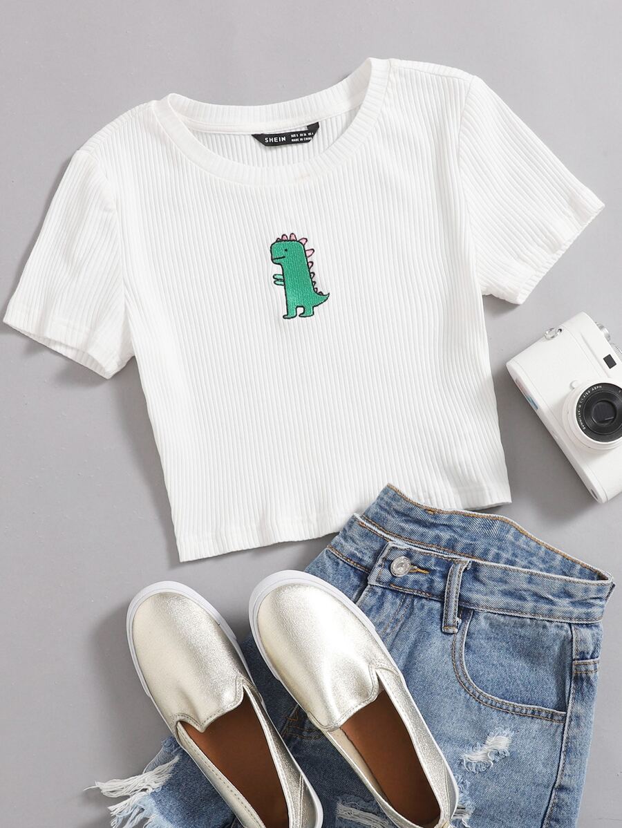 SHEIN EZwear Cartoon Embroidered Rib-knit Crop Top | SHEIN USA