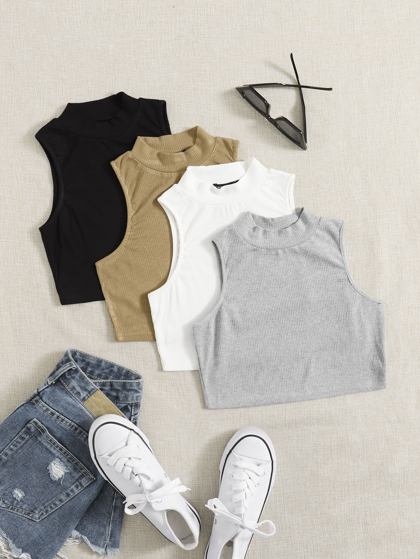 4 Piezas Top Tank Corto Tejido De Canalé Moda De Mujer Shein México