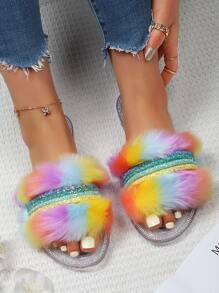Rhinestone Decor Fluffy Slides | SHEIN USA